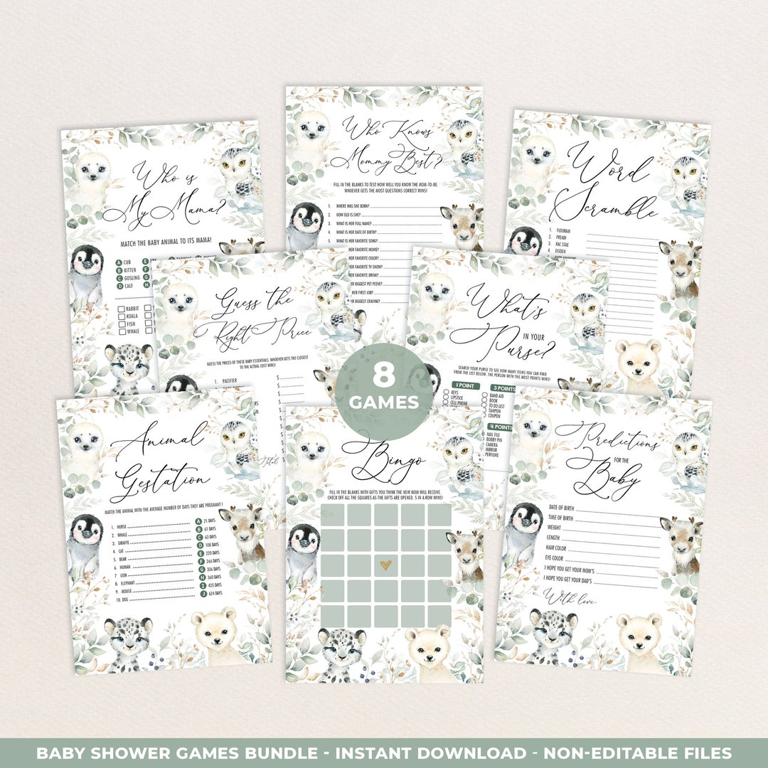 Winter Baby Shower Games, Arctic Animals Baby Games Bundle Download ...