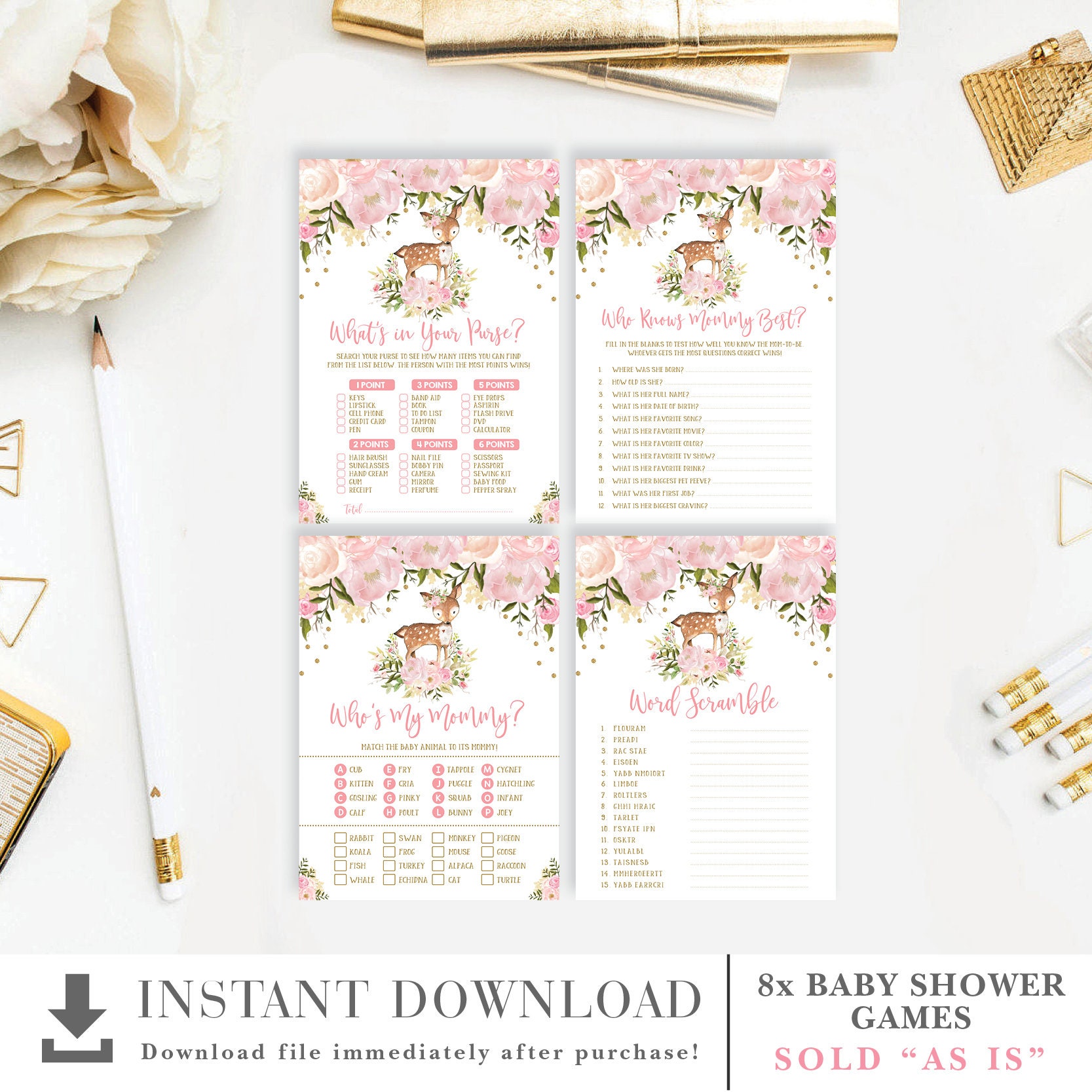 Woodland Deer Baby Shower GAMES PACKAGE. Blush Pink Gold - Etsy