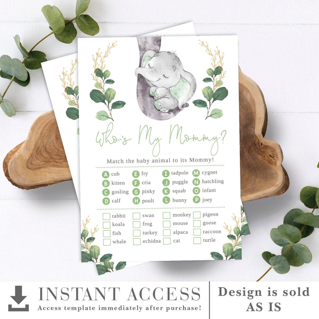 Greenery Elephant Baby Shower Game. Modern Botanical Wild Jungle Animal ...