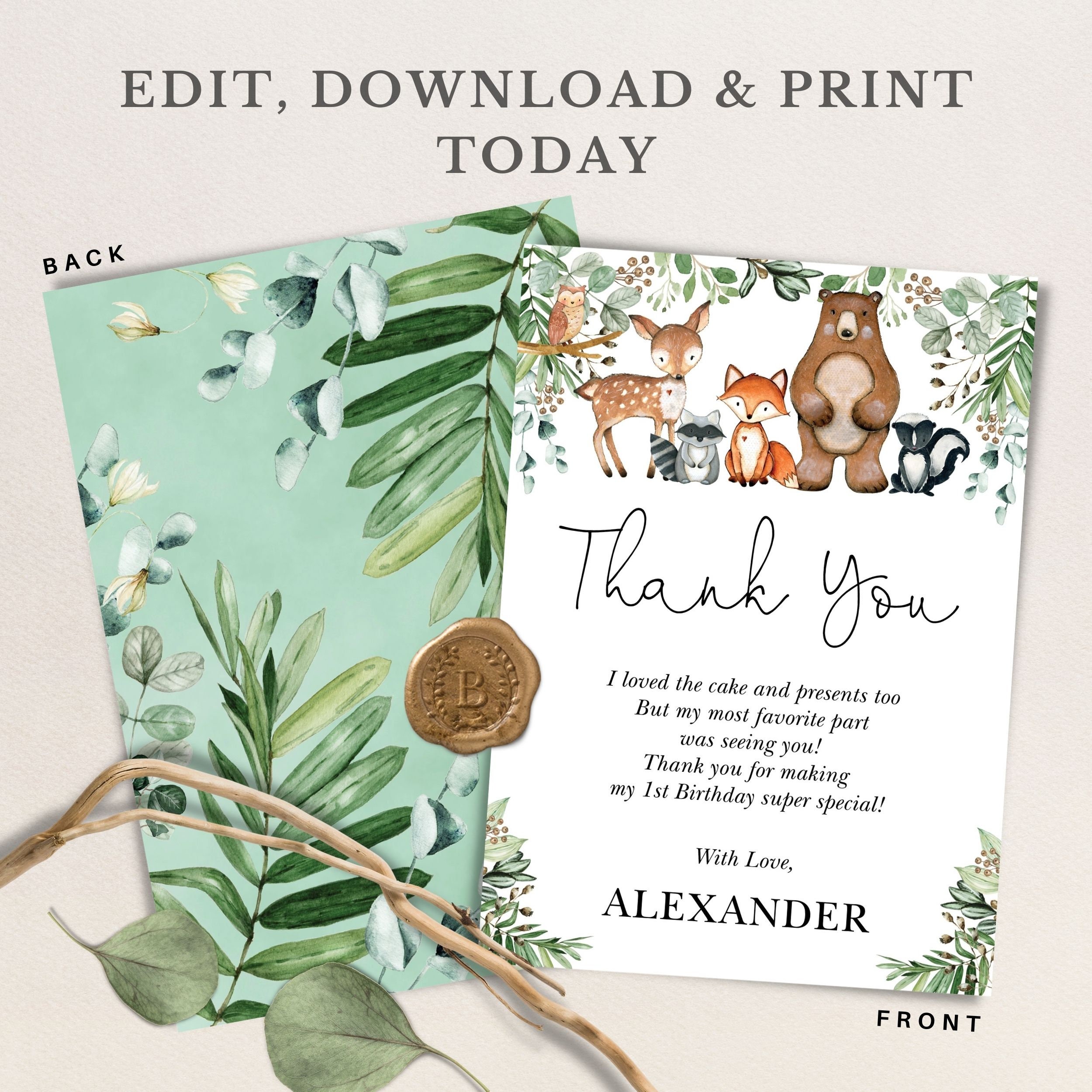 Greenery Woodland Thank You Card Forest Animals Wild One | Etsy