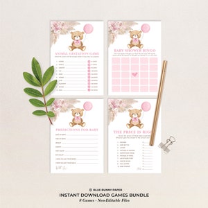 Girl Teddy Bear Baby Shower Games Bundle Dusty Pink Boho Bear Printable ...