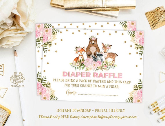 Pink Floral Woodland Diaper Raffle. Woodland Animals Baby Shower ...