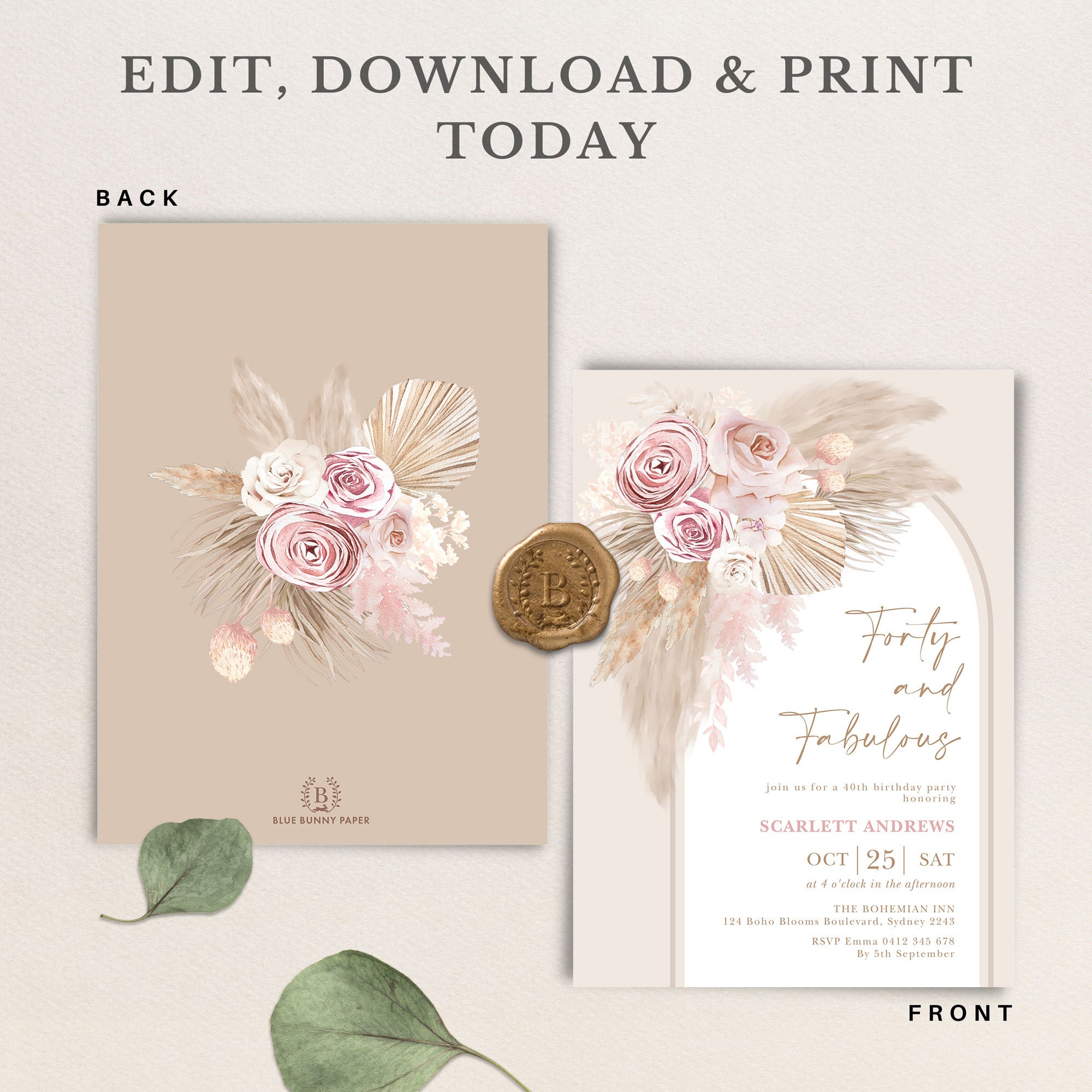 Boho 40th Birthday Invitation Forty and Fabulous Party - Etsy