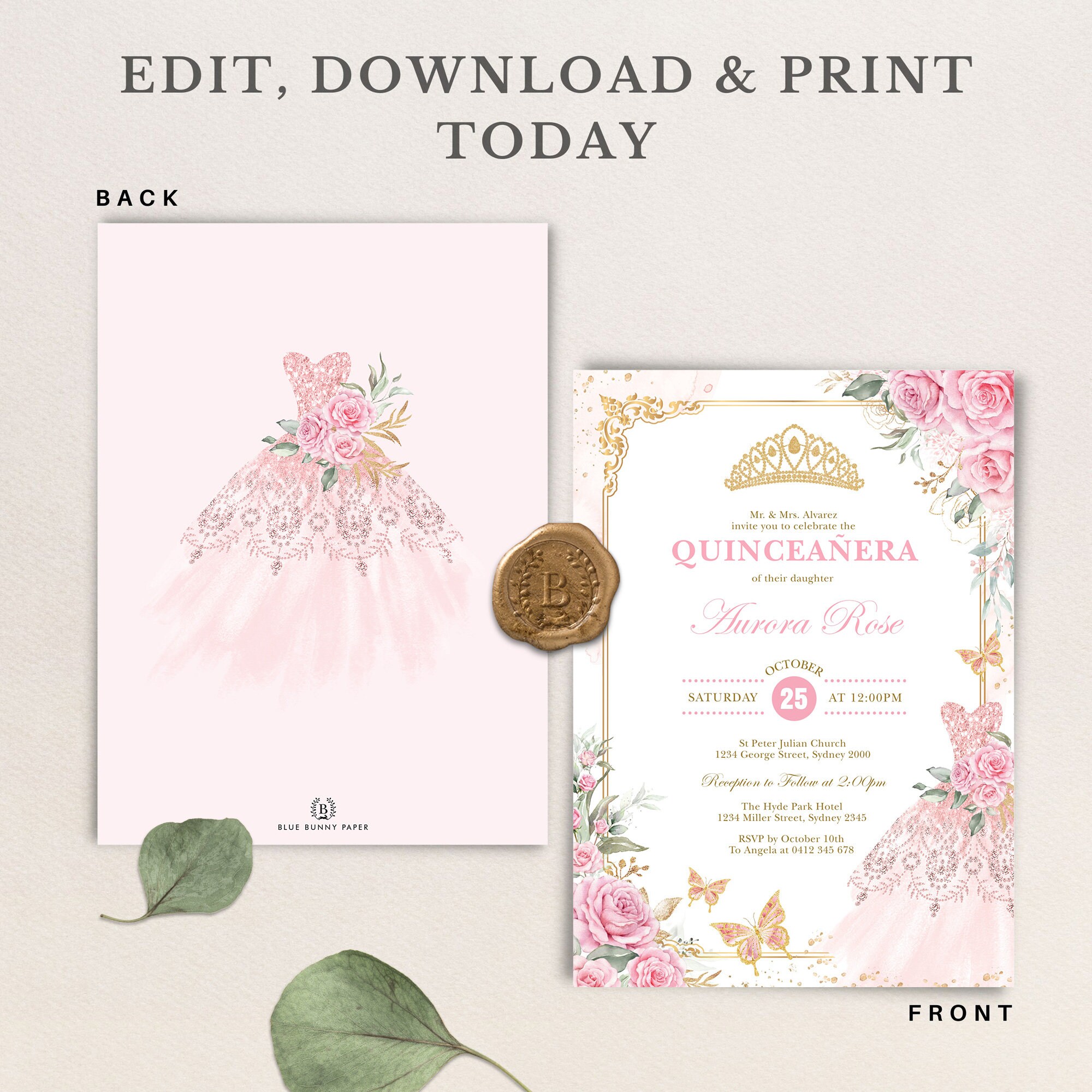 Pink Flowers Quinceañera Invitation Pink Gold Floral Princess - Etsy