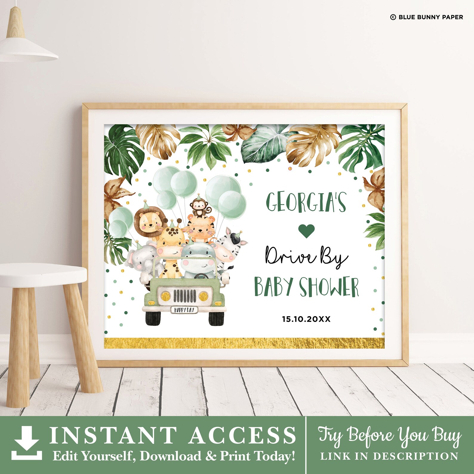 EDITABLE Drive by Baby Shower Welcome Sign Tropical Safari Animals Wild ...