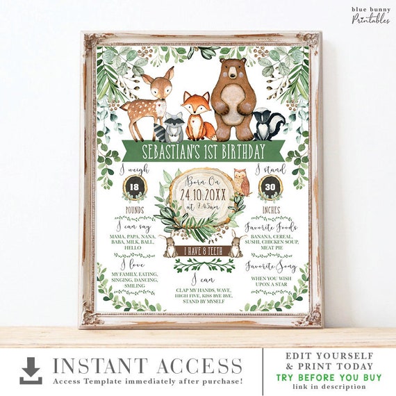 Greenery Woodland Birthday Milestone Poster. Rustic Forest Animals ...