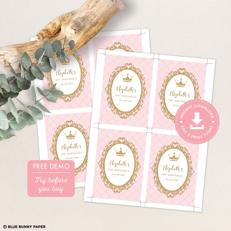 Editable Princess Juice Pouch Labels, Pink Gold Crown Birthday Party ...