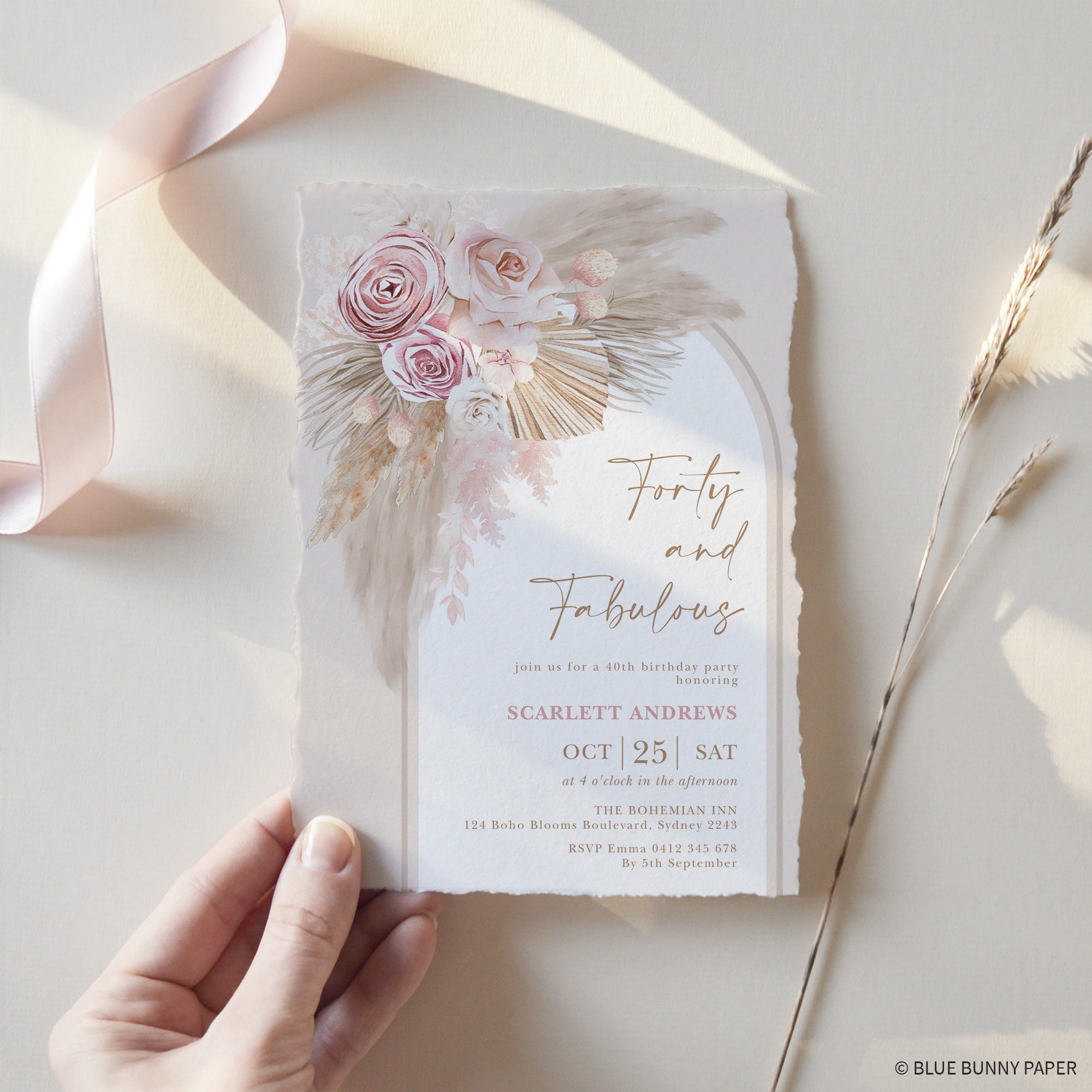 Boho 40th Birthday Invitation Forty and Fabulous Party - Etsy