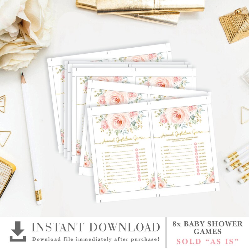 Blush Pink Floral Baby Shower Games Package. Soft Pastel Watercolor ...