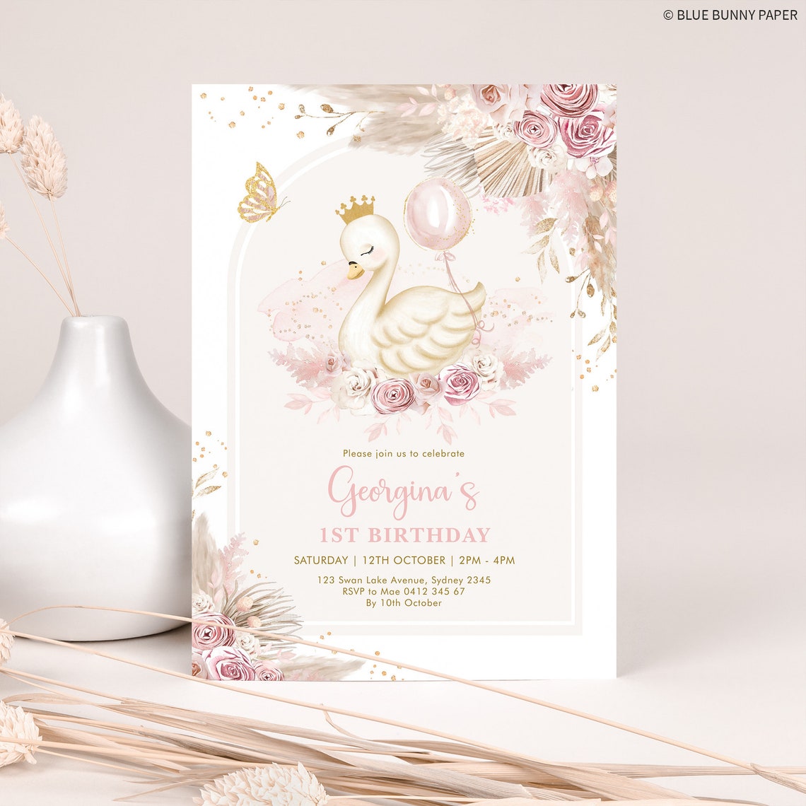 Editable Boho Swan Princess Birthday Invitation Template Blush Pink ...