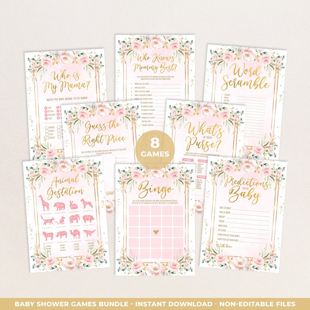 Blush Pink Floral Baby Shower Games Bundle, Watercolor Flower Baby Girl ...