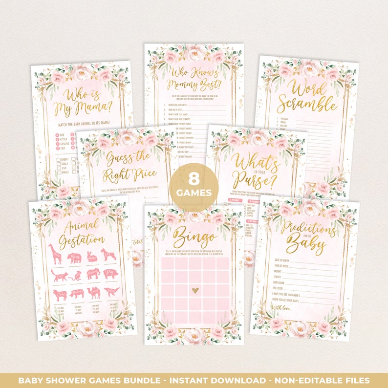 Blush Pink Floral Baby Shower Games Bundle Watercolor Flower - Etsy