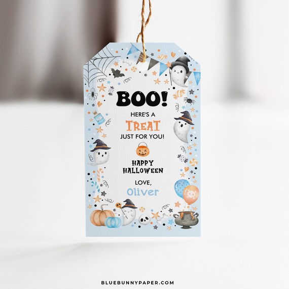 Blue Editable Halloween Favor Tags Template Cute Ghost Trick Or Treat ...