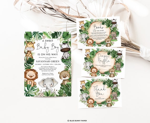 Safari Baby Shower Invitation Suite, Jungle Animals Templates Bundle ...