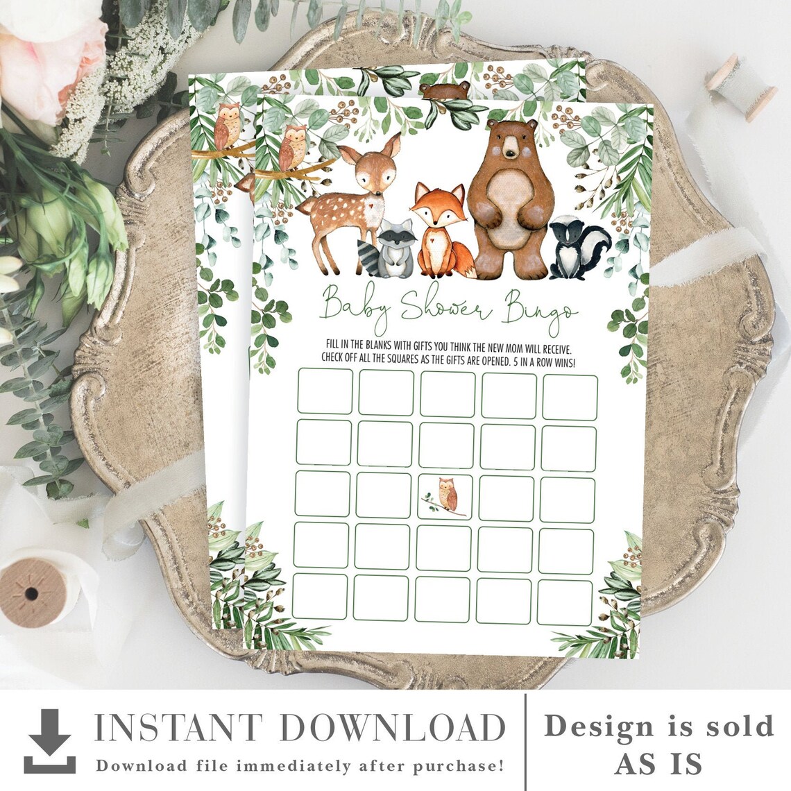 Woodland Animals Bingo Baby Shower Game. Greenery Botanical | Etsy