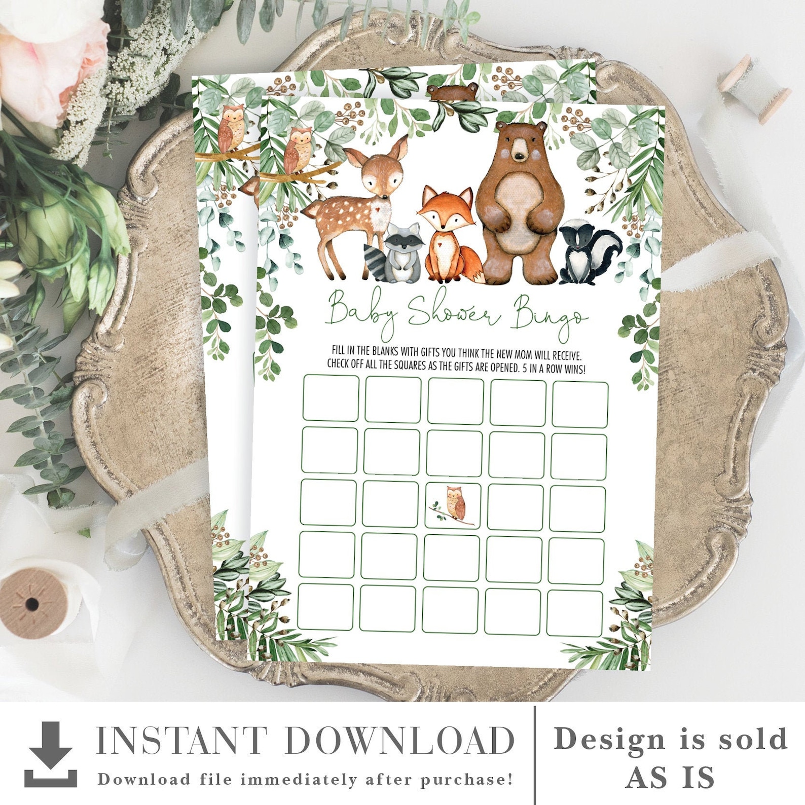 Woodland Animals Bingo Baby Shower Game. Greenery Botanical | Etsy