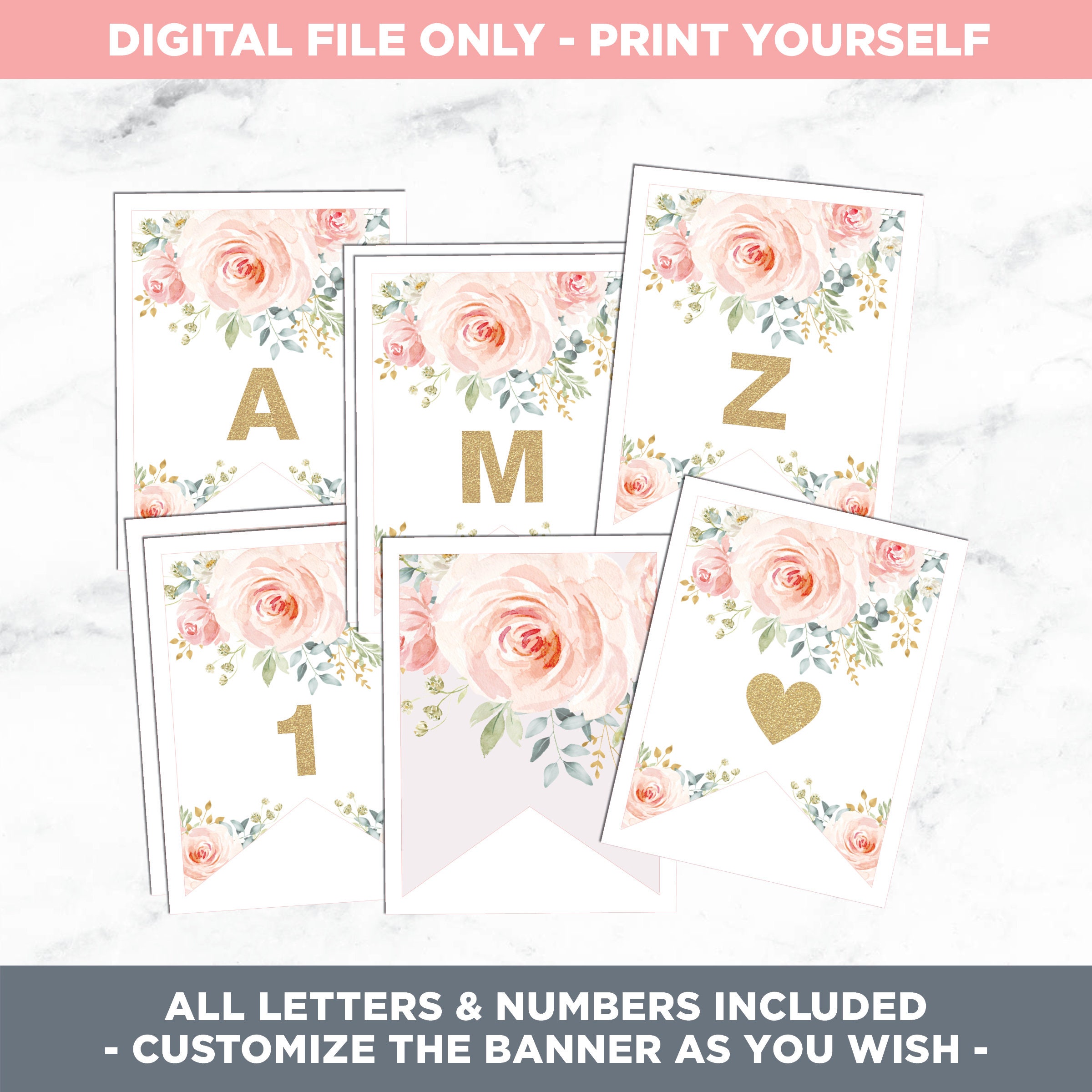 Girly Blush Floral Birthday Printable Banner. Pink Gold - Etsy