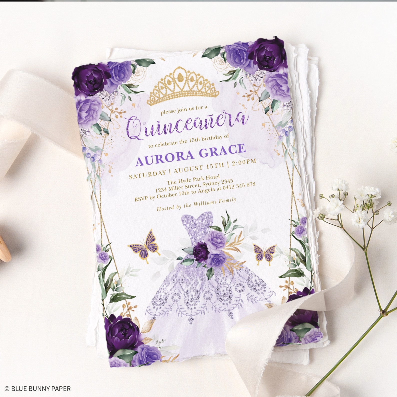 Quinceañera Dress Invitation Template Purple Gold Crown - Etsy