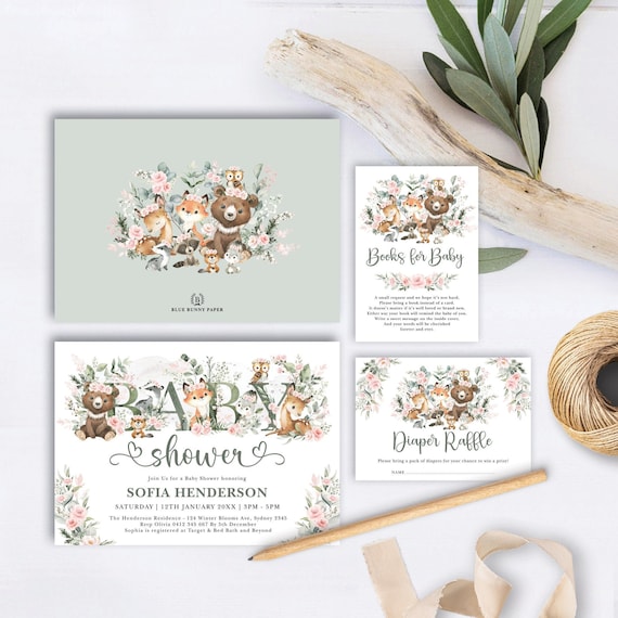 EDITABLE Pink Floral Woodland Baby Shower Invitation Bundle Blush ...