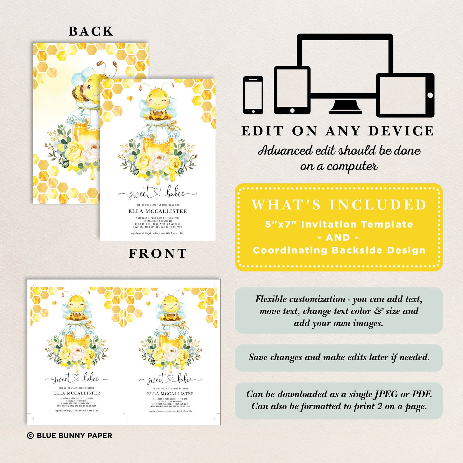Editable Bee Baby Shower Invitation Template, Honeycomb Printable Baby ...