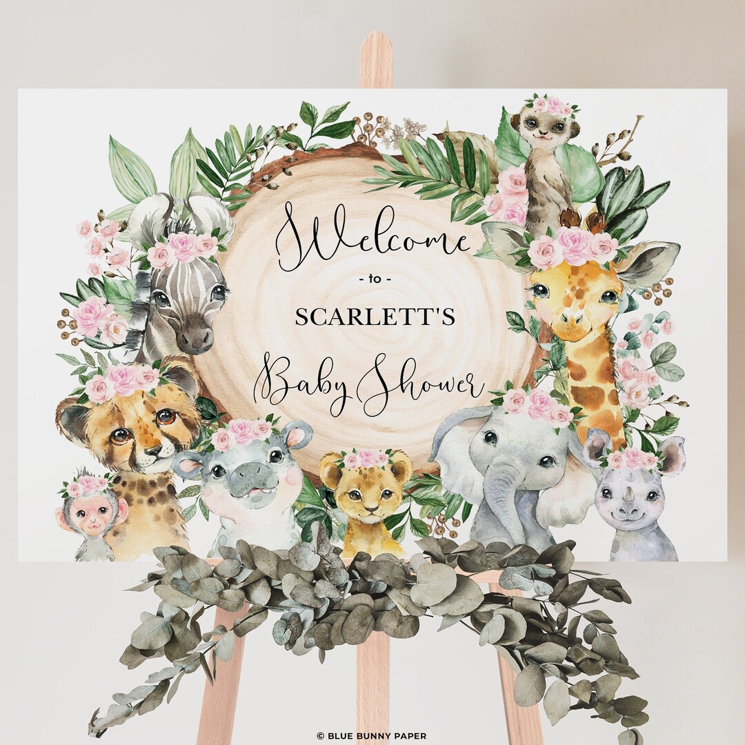 Girl Jungle Welcome Sign, Safari Wild Animals Baby Shower Decorations ...