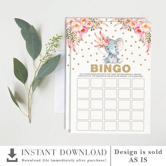 Elephant Baby Shower BINGO Printable Game. Pink and Gold Jungle Wild ...