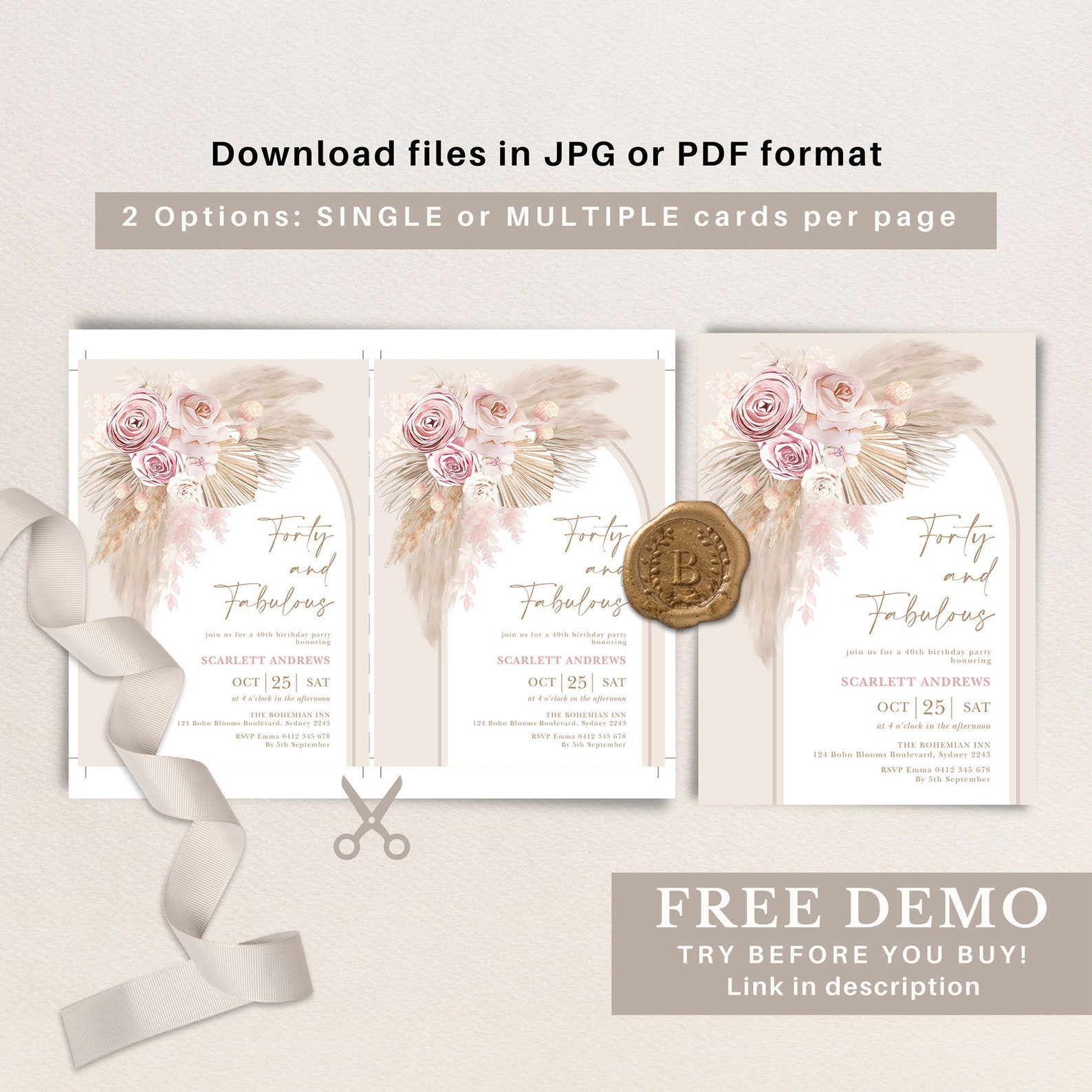 Boho 40th Birthday Invitation Forty and Fabulous Party - Etsy