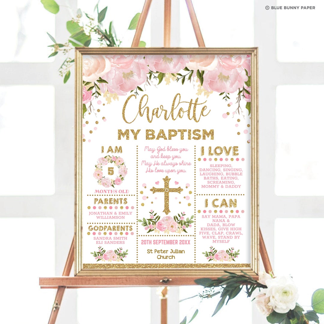 EDITABLE Pink & Gold Floral Baptism Chalkboard Sign, Blush Gold ...