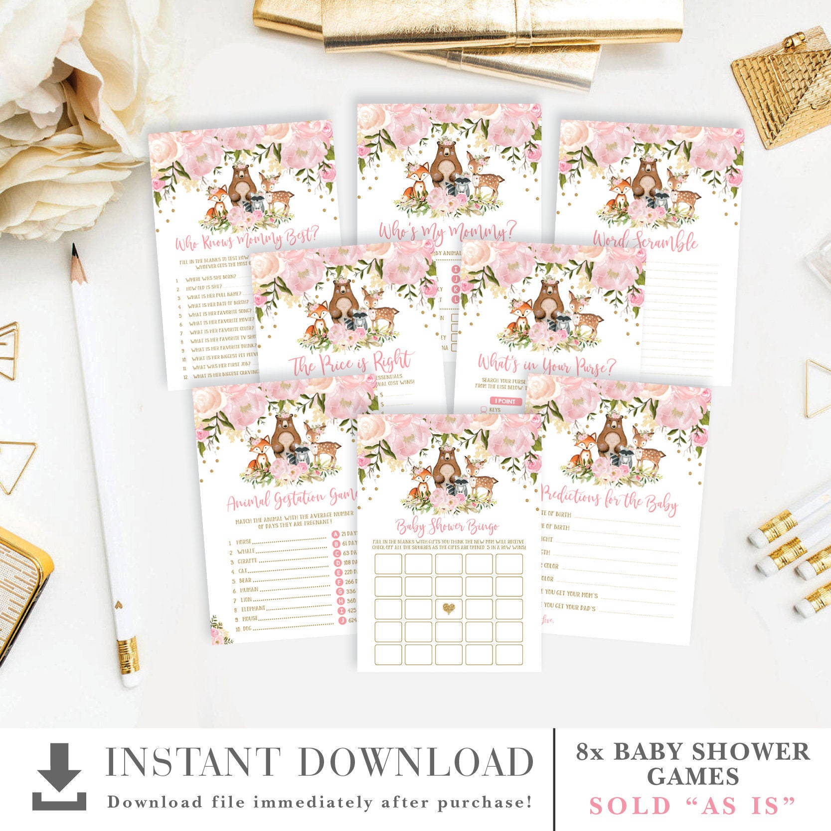 Girl Woodland Baby Shower GAMES PACKAGE. 8x Pink and Gold - Etsy
