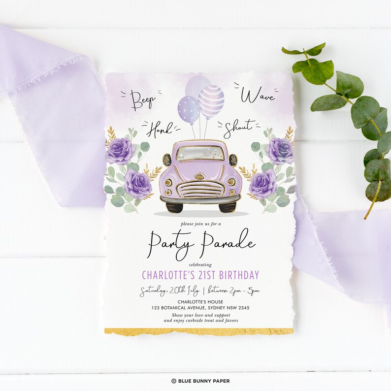 EDITABLE Drive Thru Birthday Invitation. Purple Floral Drive - Etsy