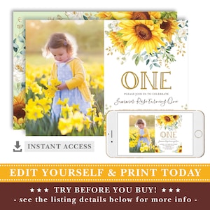 Summer Sunflowers 1st Birthday Invitation. Watercolor Garden Floral ...