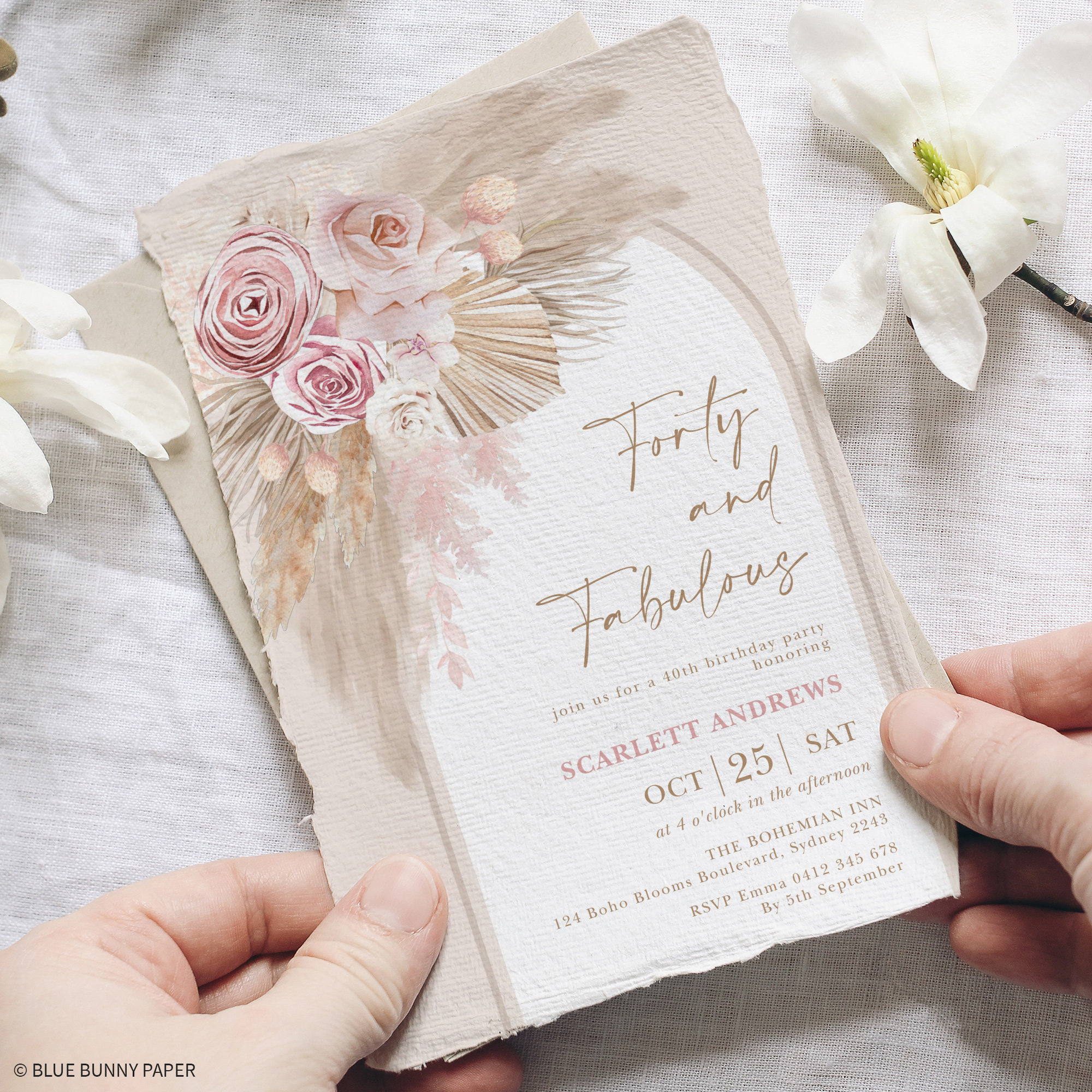 Boho 40th Birthday Invitation Forty and Fabulous Party - Etsy