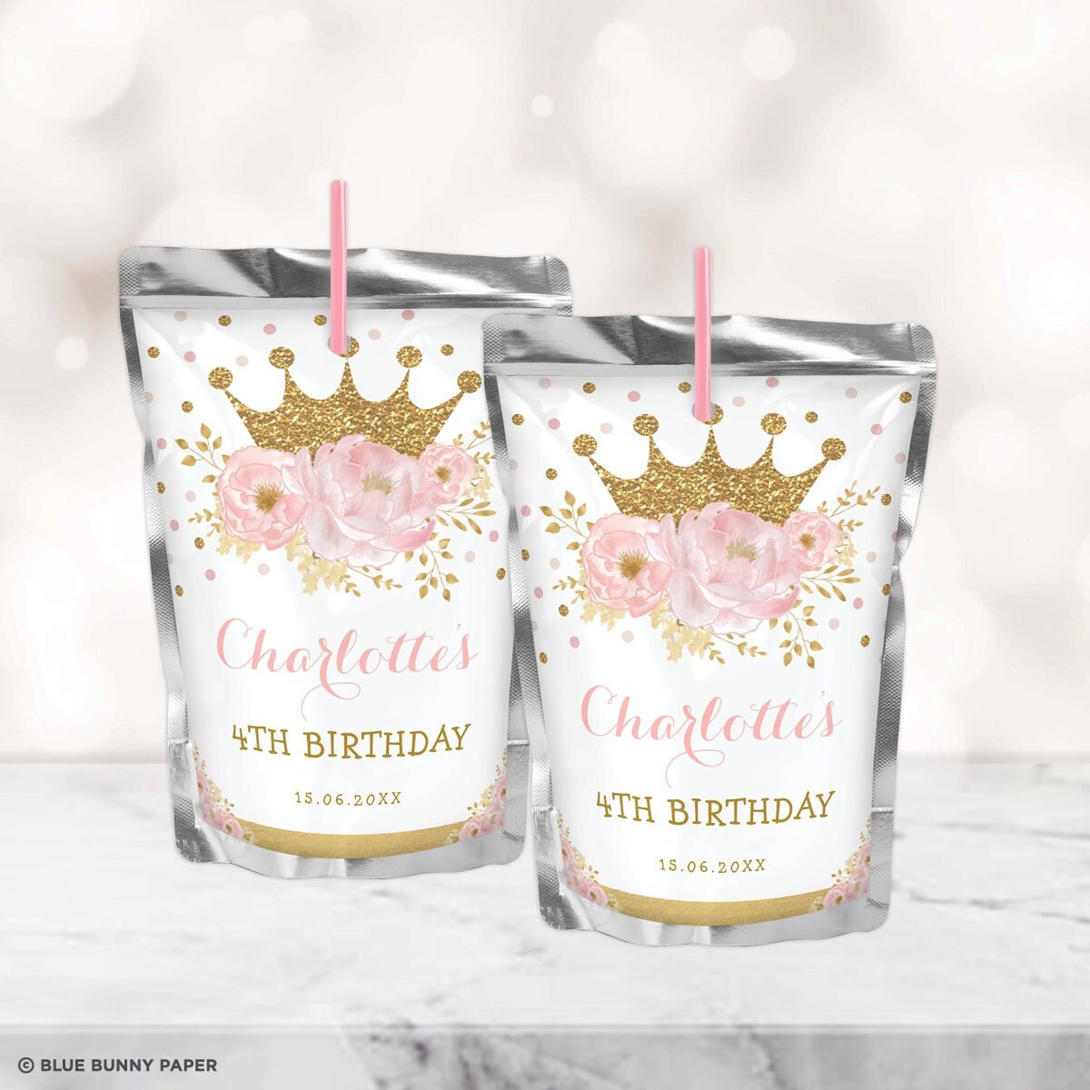 Editable Crown Princess Juice Pouch Labels Pink Gold Royal Birthday ...