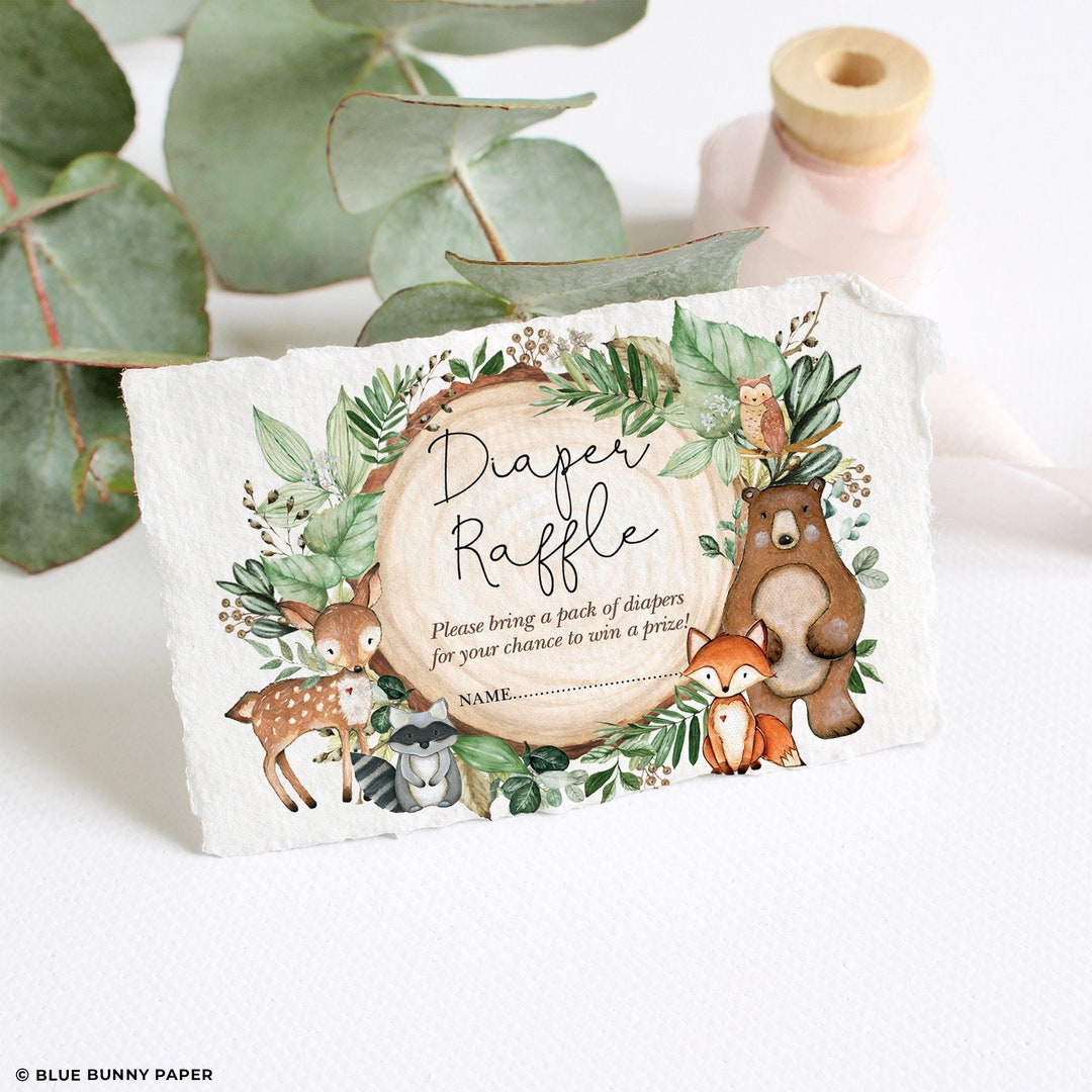Greenery Woodland Diaper Raffle Printable. Cute Forest Animals Baby ...