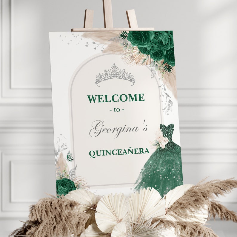 Editable Quinceañera Welcome Sign Template - Emerald Green Dress ...