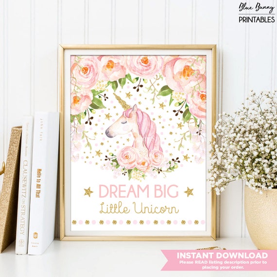 Pink Unicorn Nursery Room Decor. DREAM BIG Little Unicorn. Pink Floral ...