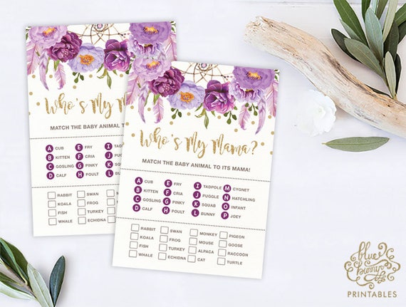 Purple Floral Baby Shower Printable Game. Who's My Mama Baby Animal ...