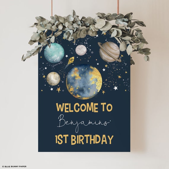 EDITABLE Space Birthday Welcome Sign, Galaxy Party Sign, Navy Gold Moon ...