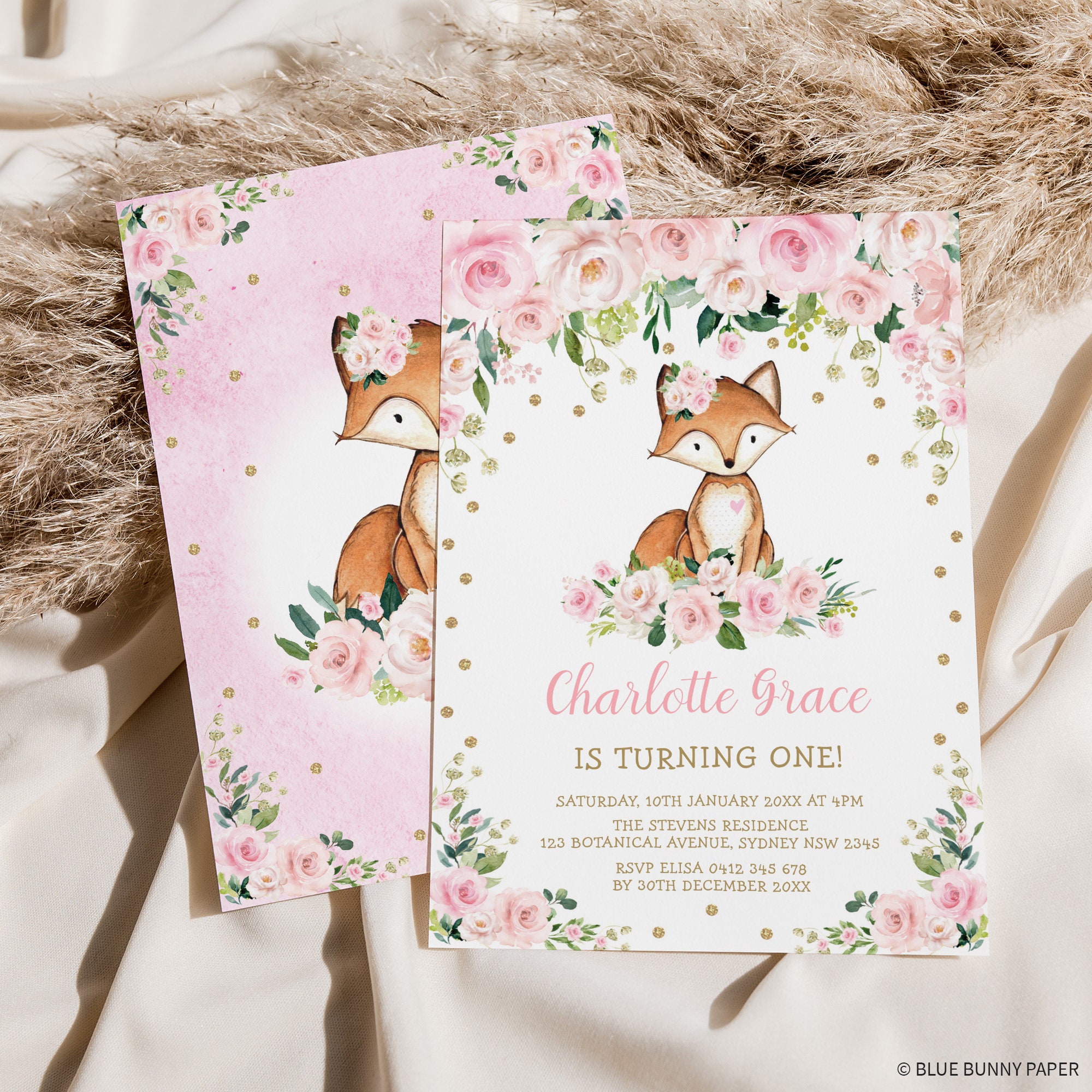 Pink Floral Fox Birthday Invitation Girl Woodland Fox Party - Etsy