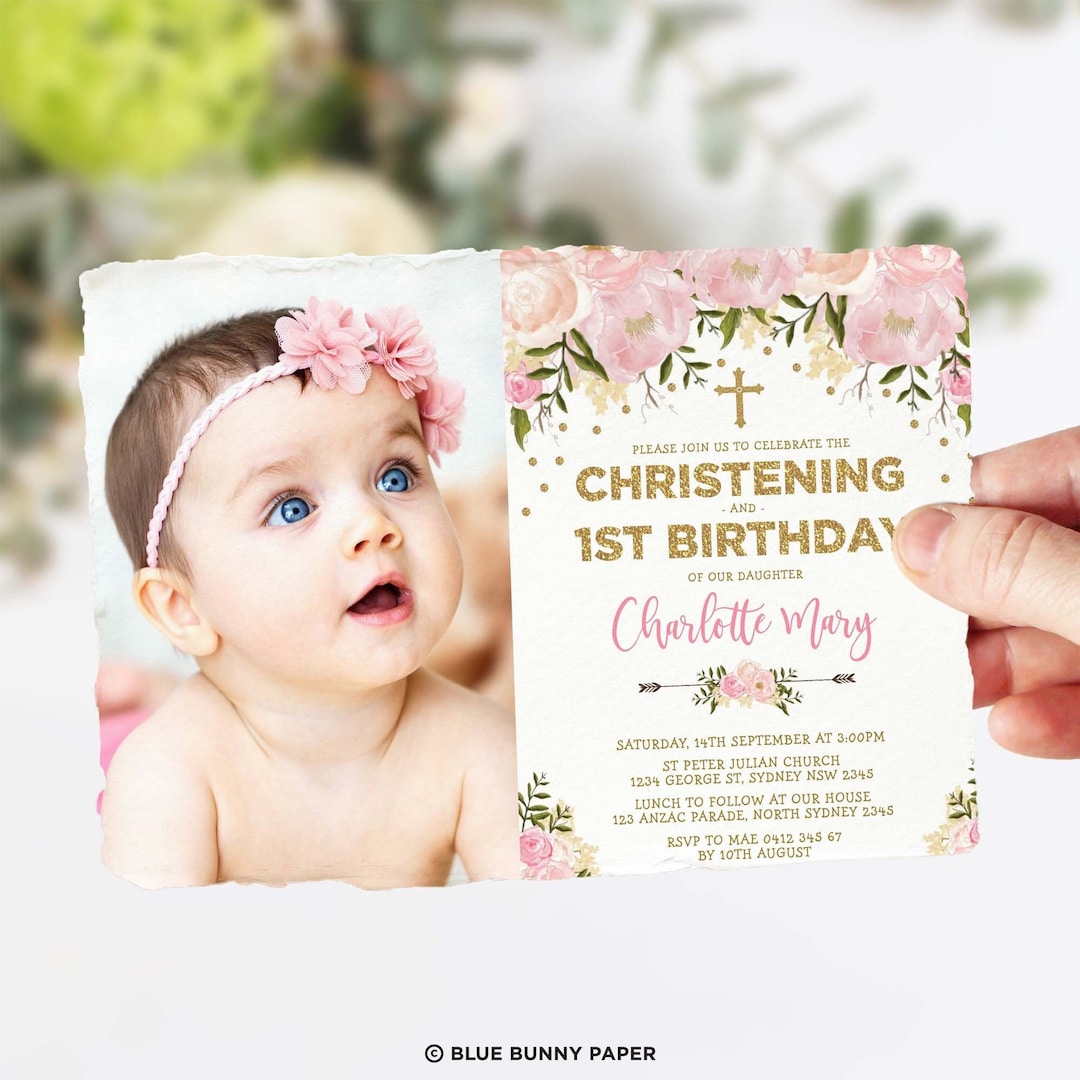 Blush Floral Baptism 1st Birthday Invitation, Pink Gold Christening ...