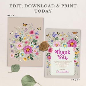 Editable Wildflower Thank You Card, Boho Floral Birthday Garden Party ...