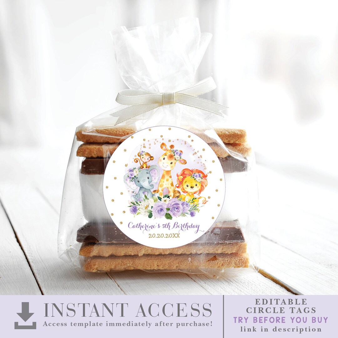 EDITABLE Lavender Gold Safari Circle Tags. Purple Floral Jungle Wild ...