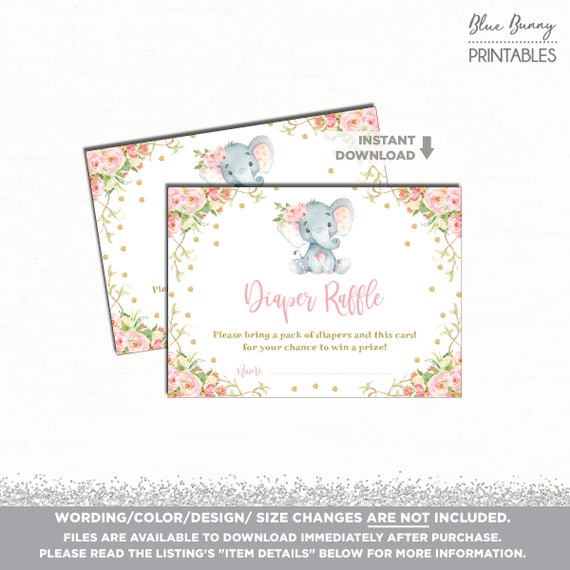 Pink Gold Floral Elephant Baby Shower Diaper Raffle. Pink Roses Diaper ...