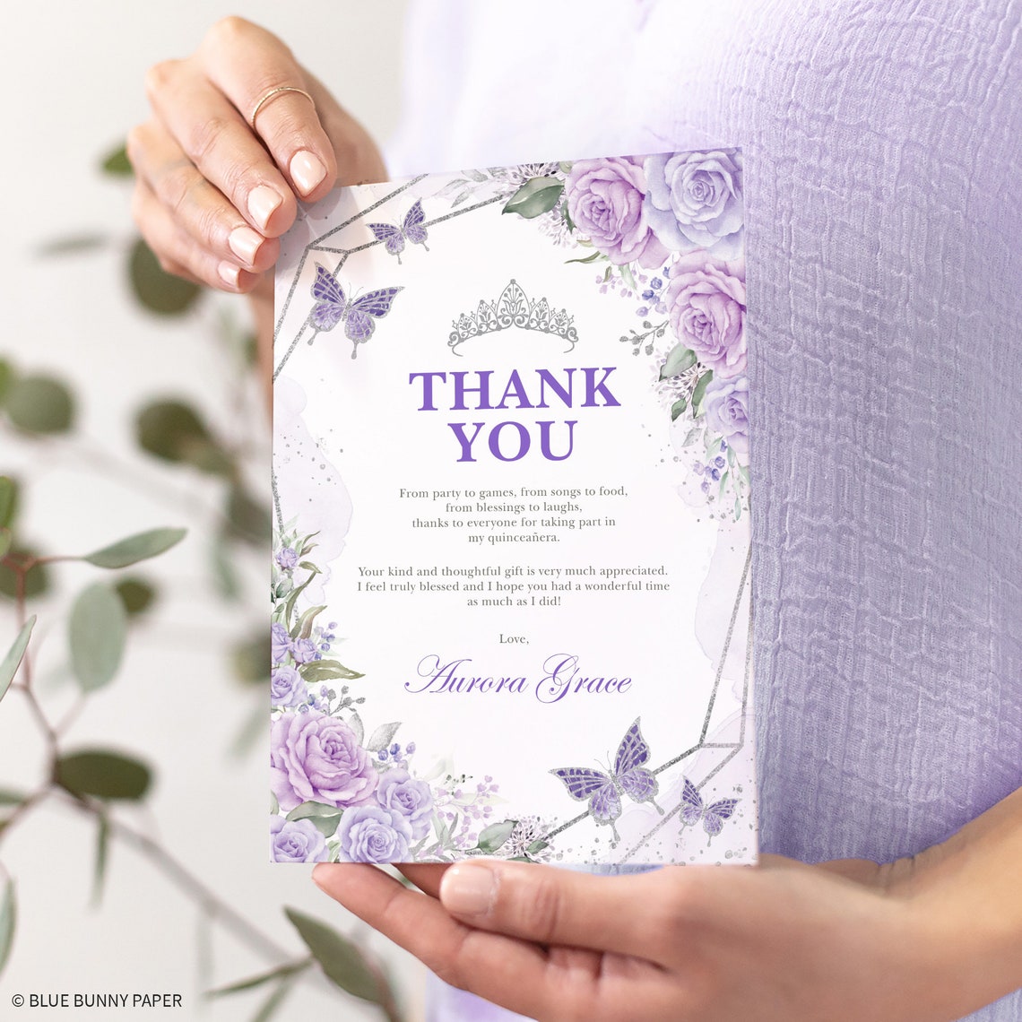 Purple Silver QUINCEAÑERA Thank You Card Editable Template Mis Quince ...