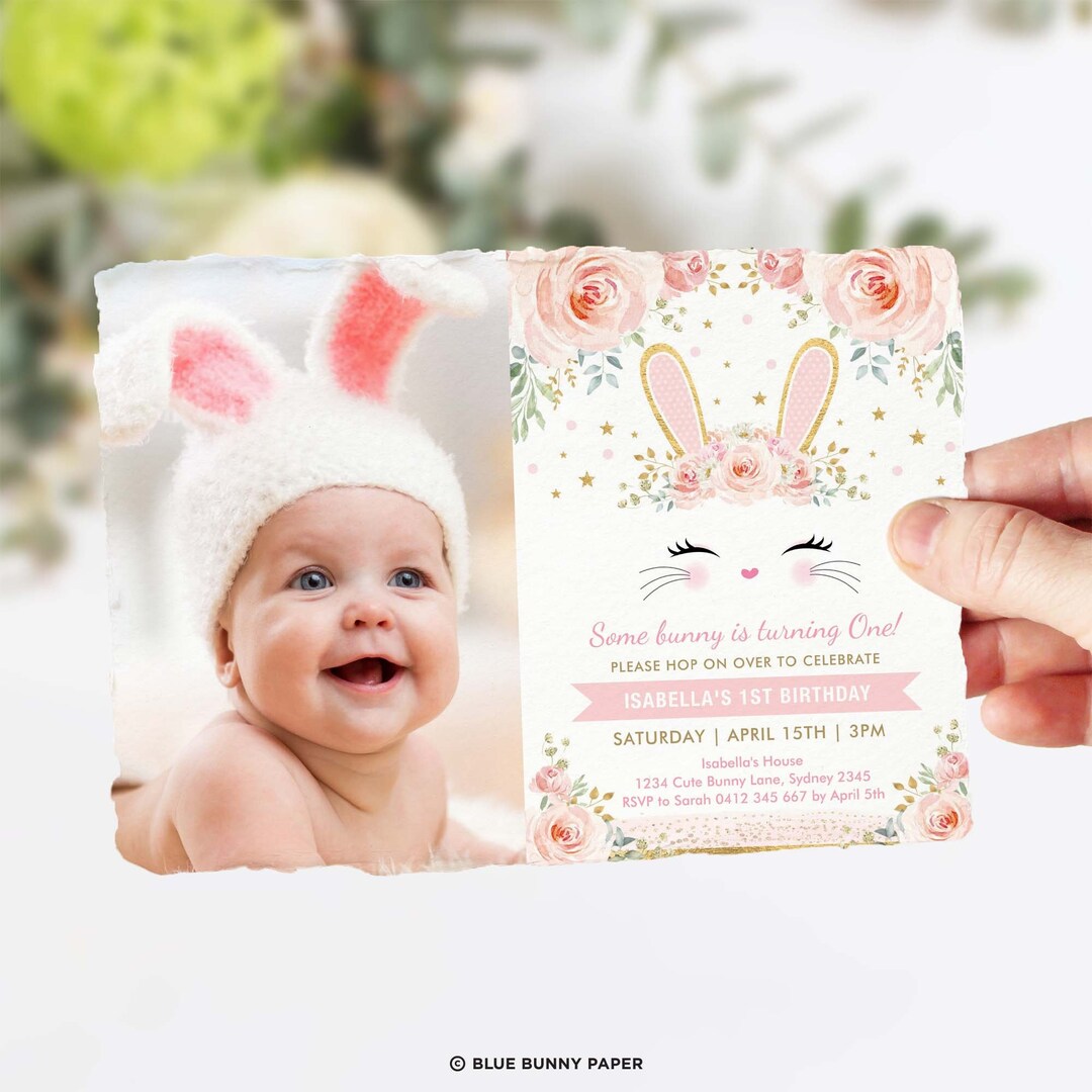 EDITABLE Girl Bunny Birthday Invitation. Blush Pink Gold Floral Rabbit ...