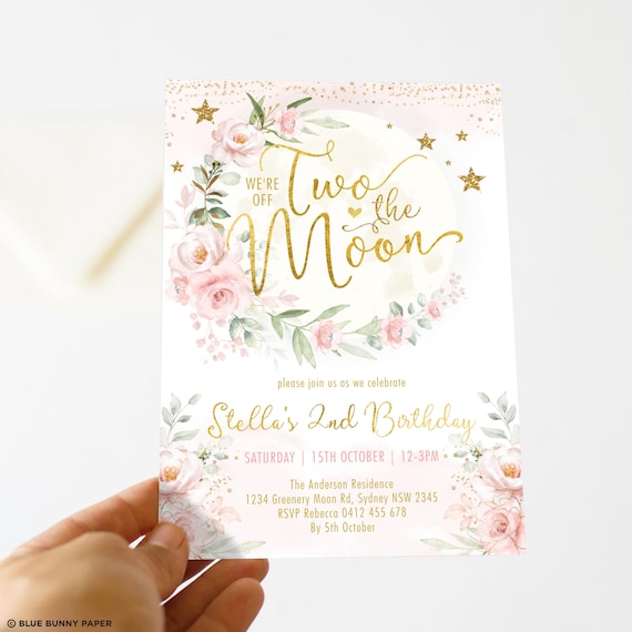 Two the Moon 2nd Birthday Invitation, Moon and Star Girls Party Invite ...