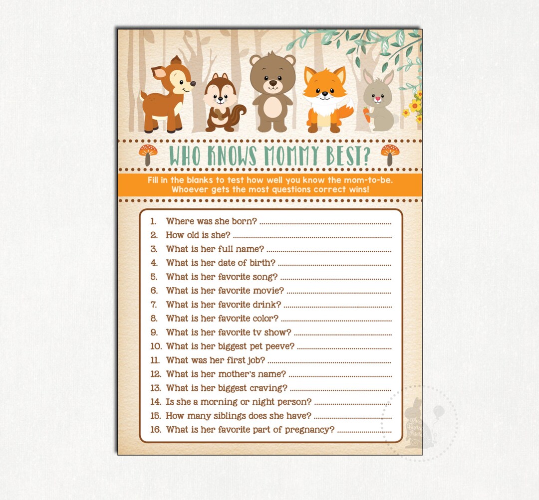 Woodland Baby Shower Game. Who Knows Mommy Best. Rustic Baby Shower ...