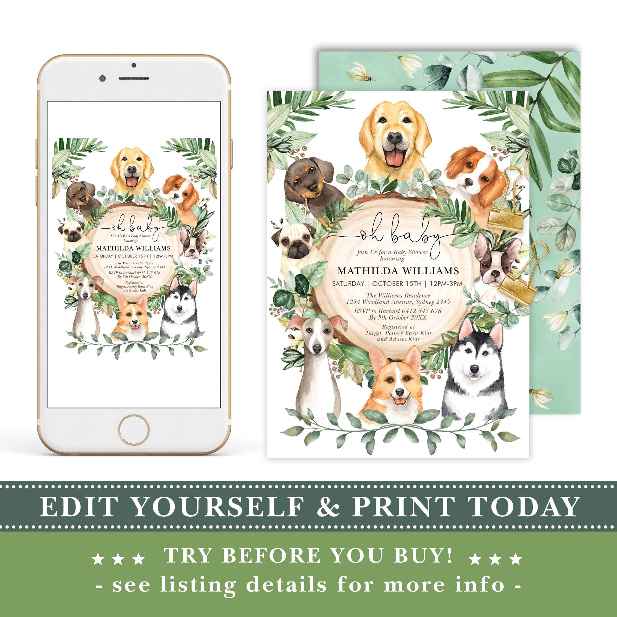 Puppy Baby Shower Invitation, Greenery Dog Baby Shower Invite, Rustic ...
