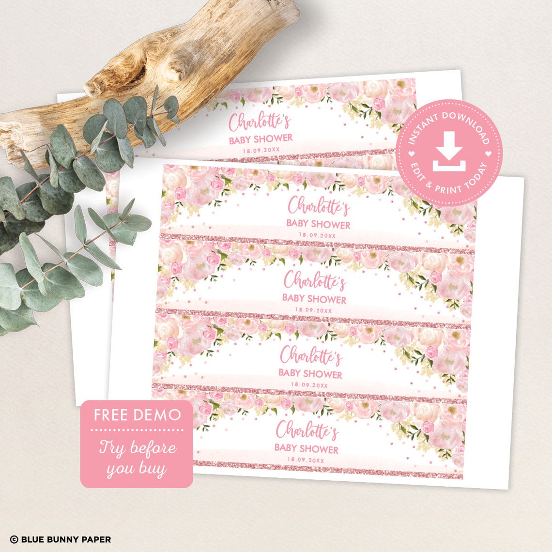 Rose Gold Floral Water Bottle Label Blush Flower Baby Shower - Etsy