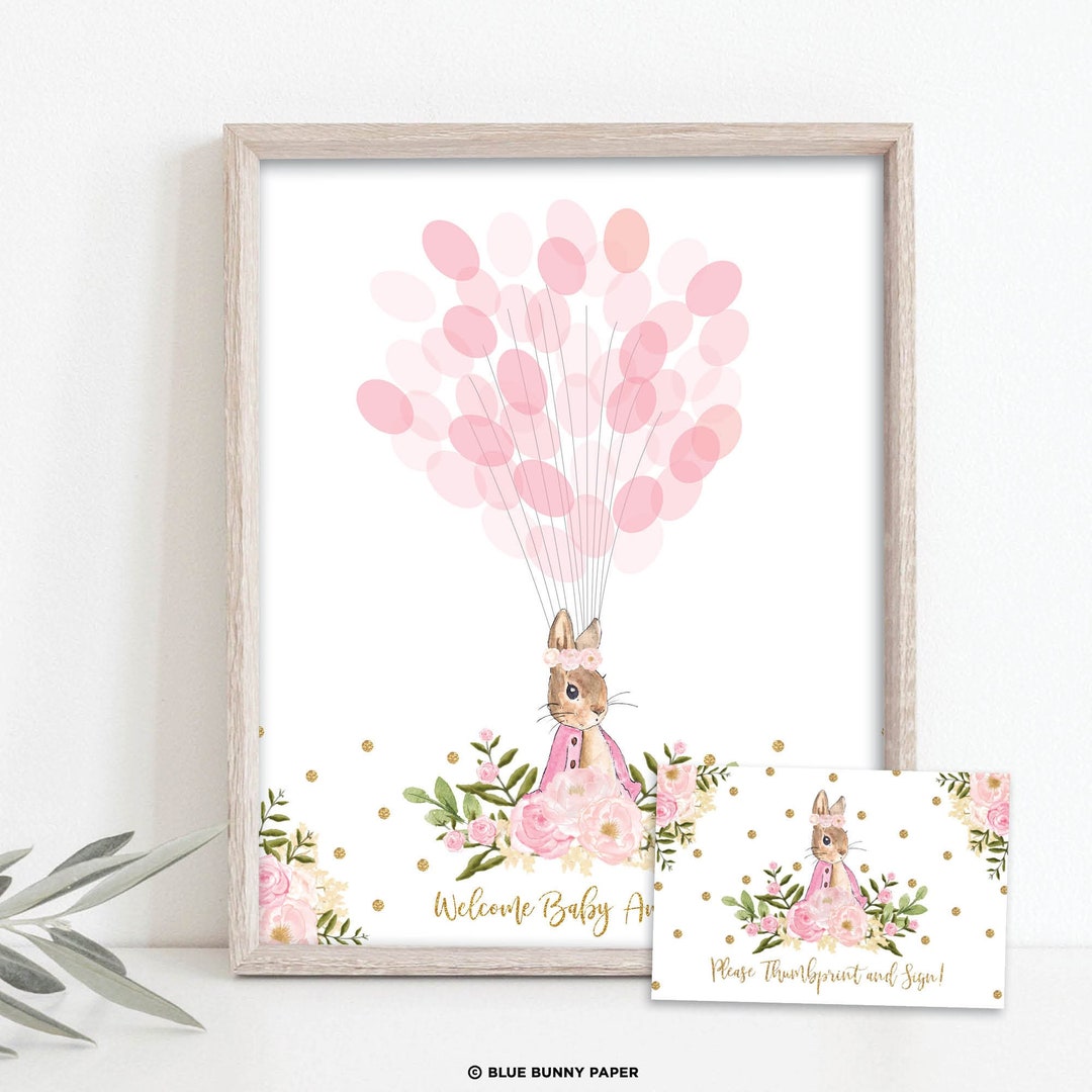 Pink Rabbit THUMBPRINT GUESTBOOK Printable Sign, Pink & Gold Bunny Girl ...
